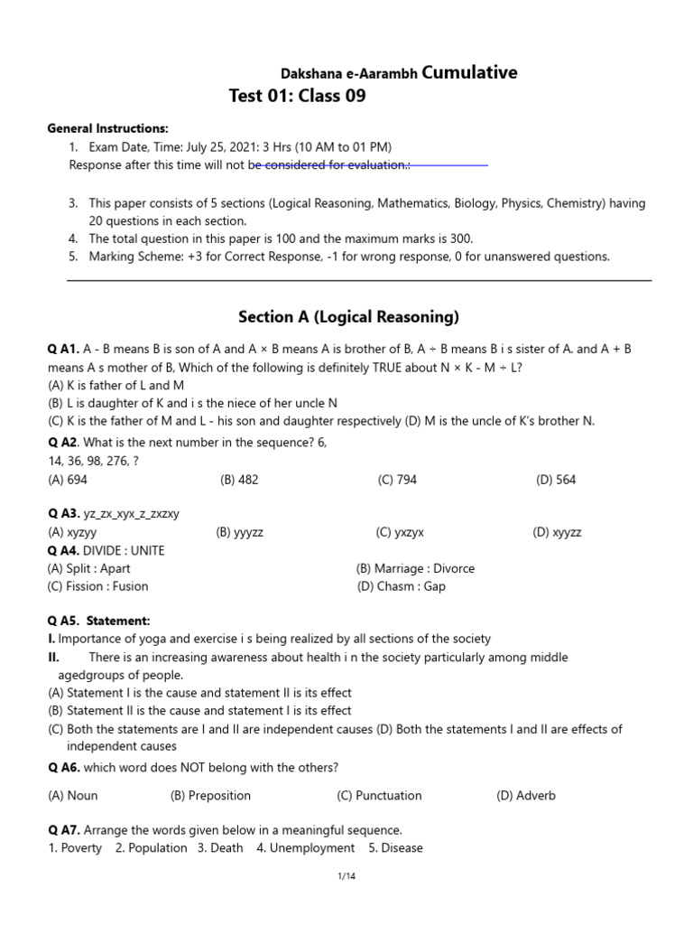 Dakshana Class 09 Sample Paper | PDF | Cell (Biology) | Cell Nucleus
