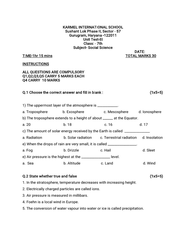 Class 7th (1) Ut 3 Question Paper | PDF | Atmosphere Of Earth | Atmosphere
