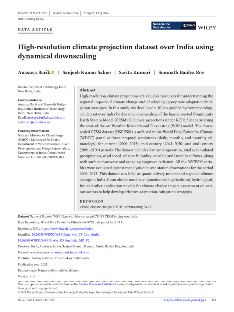 Geoscience Data Journal - 2024 - Barik - High Resolution Climate Projection Dataset Over India ...