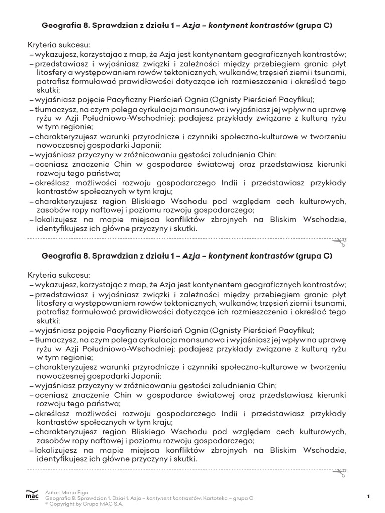 Sprawdzian 1 Azja Kontynent Kontrastow Kartoteka Grupa C Z ...