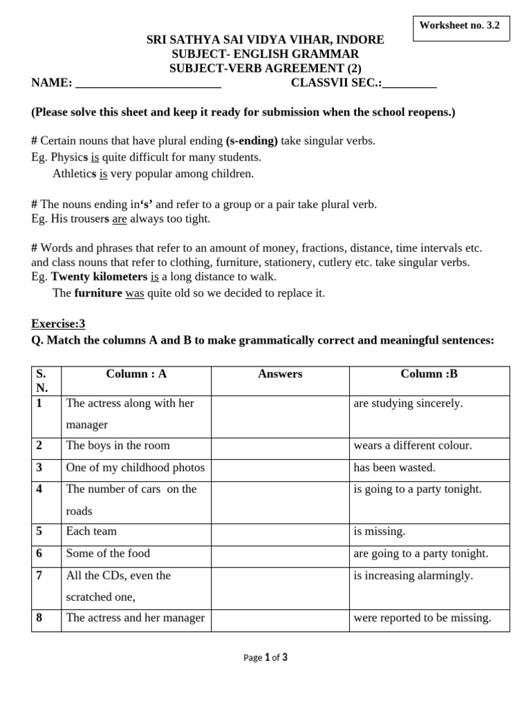 Sub Verb Agreement-Ws - 3.2 | PDF | Plural | Verb