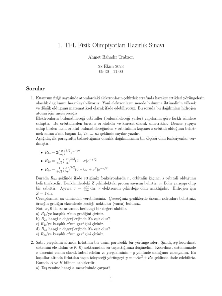 1 TFL Fizik Olimpiyatları Hazırlık Sınavı | PDF