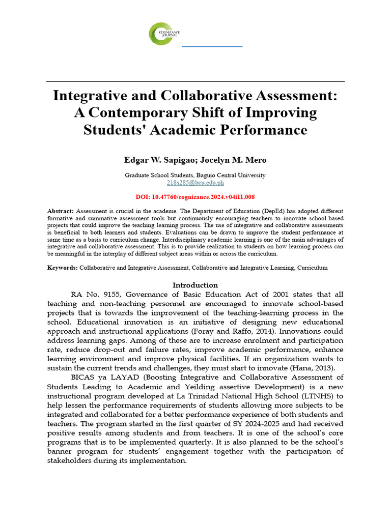 Integrative and Collaborative Assessment: A Contemporary Shift of Improving Students' Academic ...