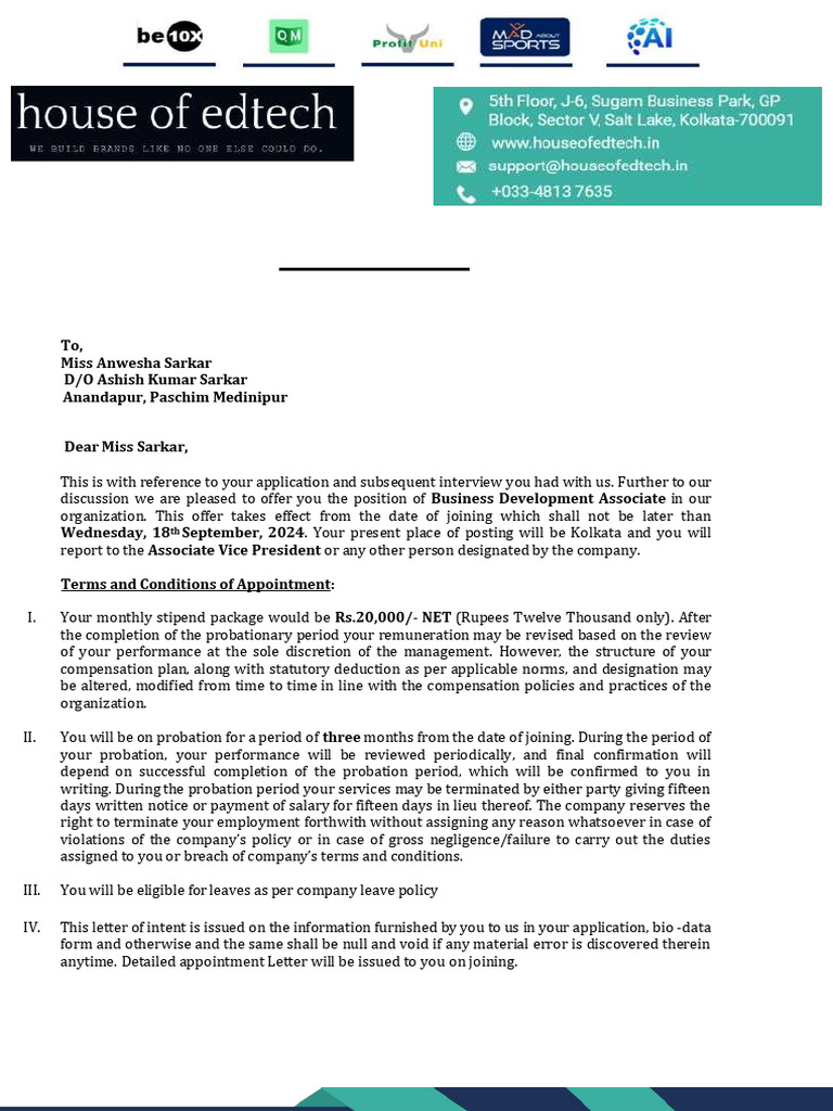 Offer Letter Anwesha Sarkar | PDF | Common Law