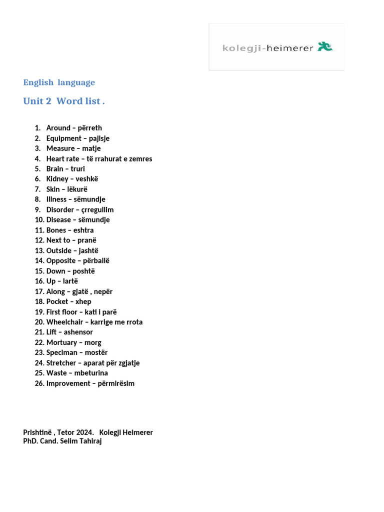 Word List Unit 2 | PDF