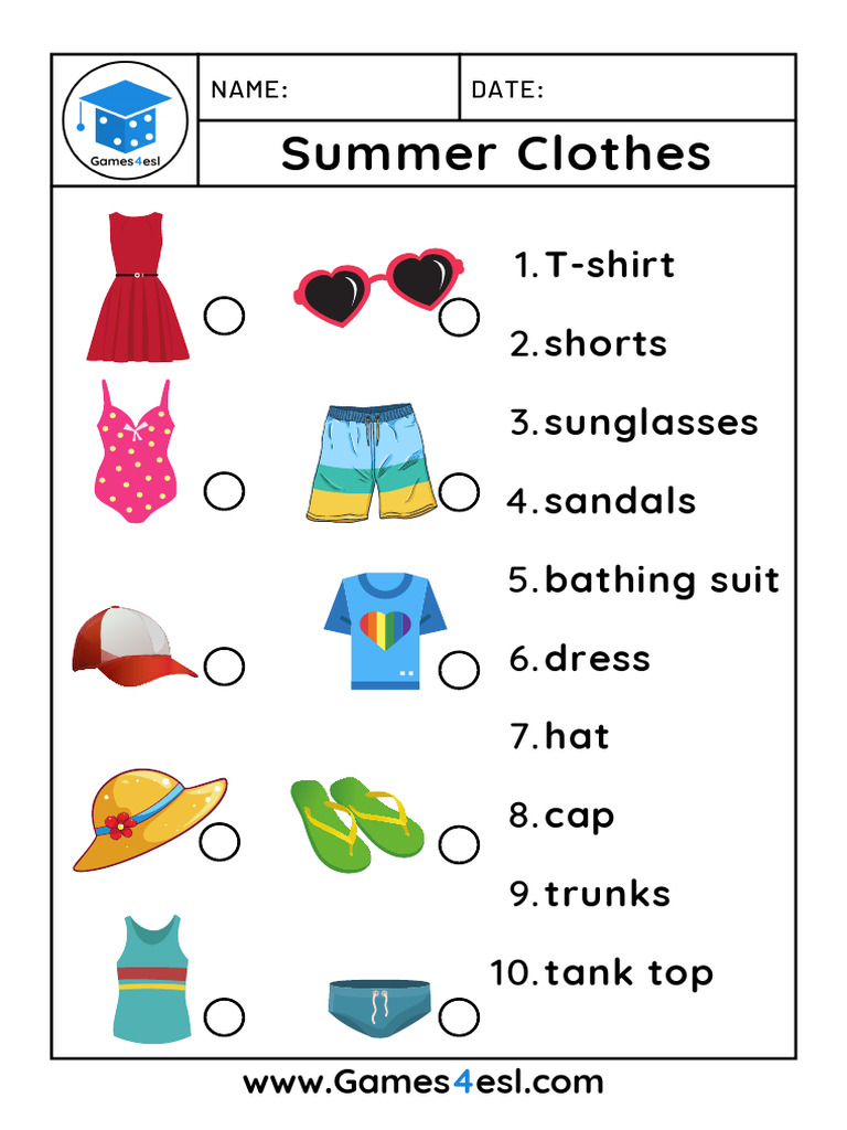 Summer Clothes Worksheet 1 | PDF