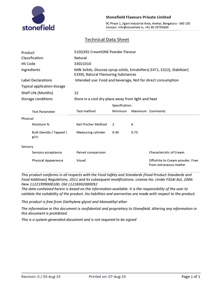 Stonefield Flavours Product Data Sheet | PDF