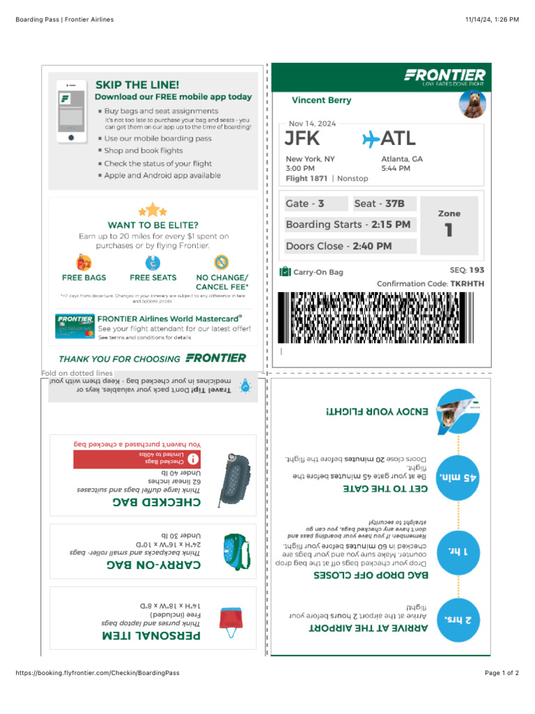 Boarding Pass | Frontier Airlines | PDF | Civil Aviation | Airlines