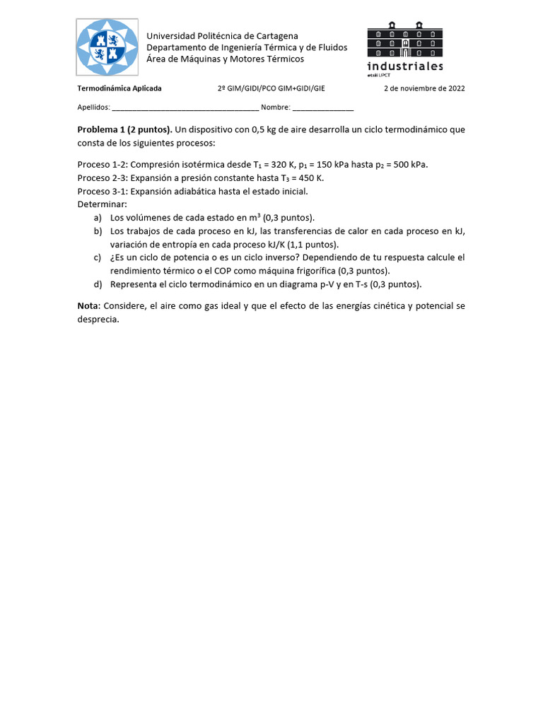 Soluci N Examen 1erparcial de TA GIM-GIDI-PCEO-GIE | PDF | Termodinámica | Ciencias fisicas