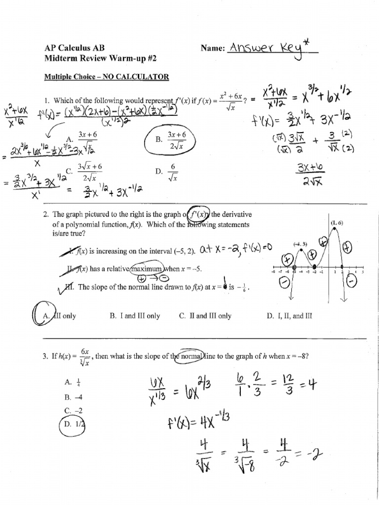 Ap Calc - Midterm Review Warm-Up 2 - Answer Key | PDF