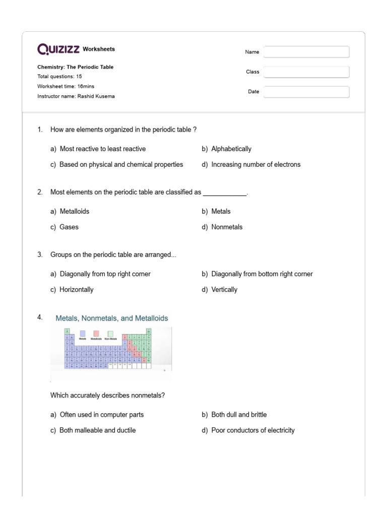Chemistry - The Periodic Table - Quizizz | PDF | Periodic Table ...