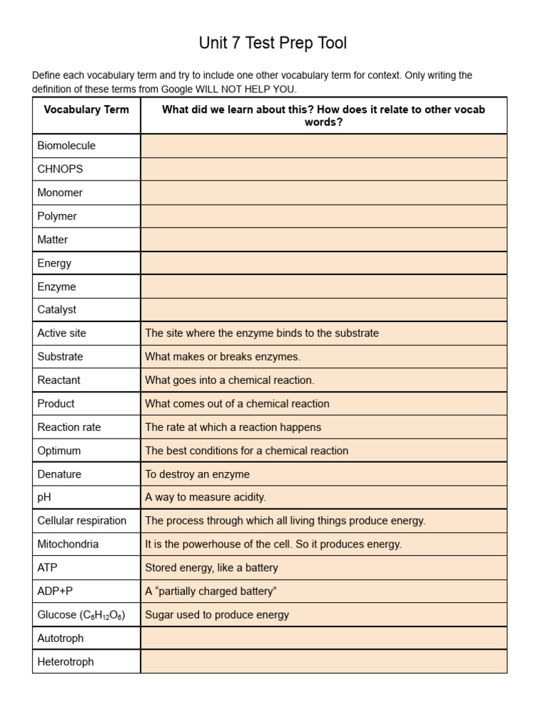 Unit 7 Test Prep Tool | PDF | Photosynthesis | Cellular Respiration