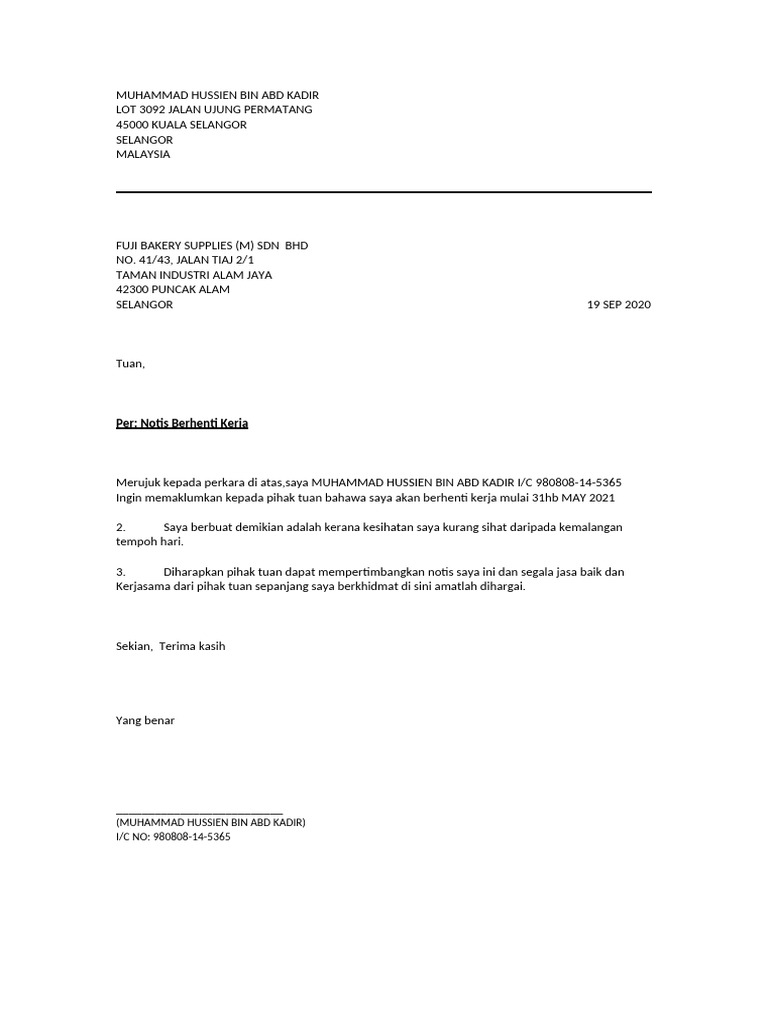 Notis Berhenti Kerja | PDF