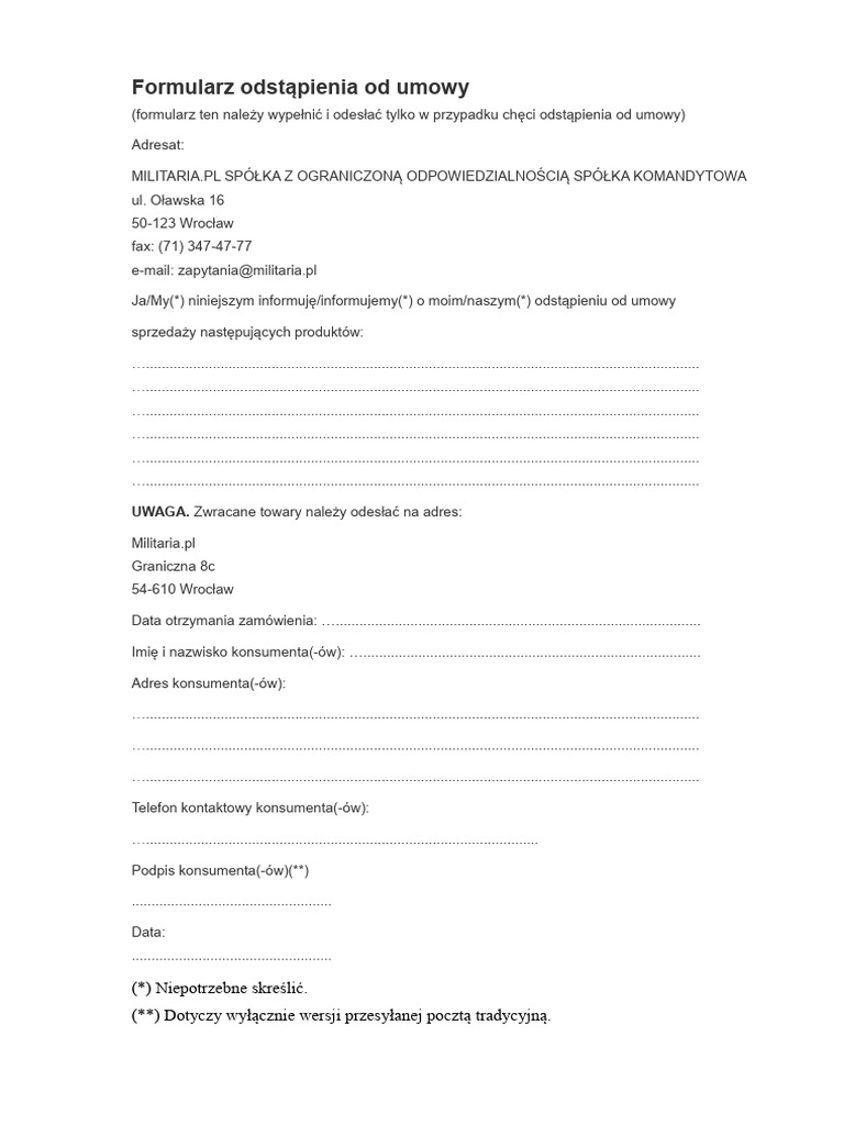 Formularz Odstapienia | PDF