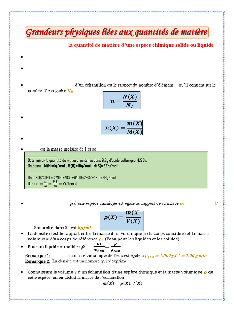 Relations entre masse et quantité de matière | PDF | Mole (unité ...