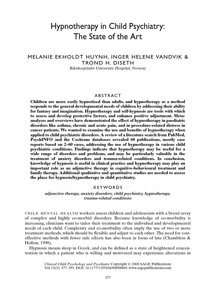 Huynh Et Al 2008 Hypnotherapy in Child Psychiatry The State of The Art ...