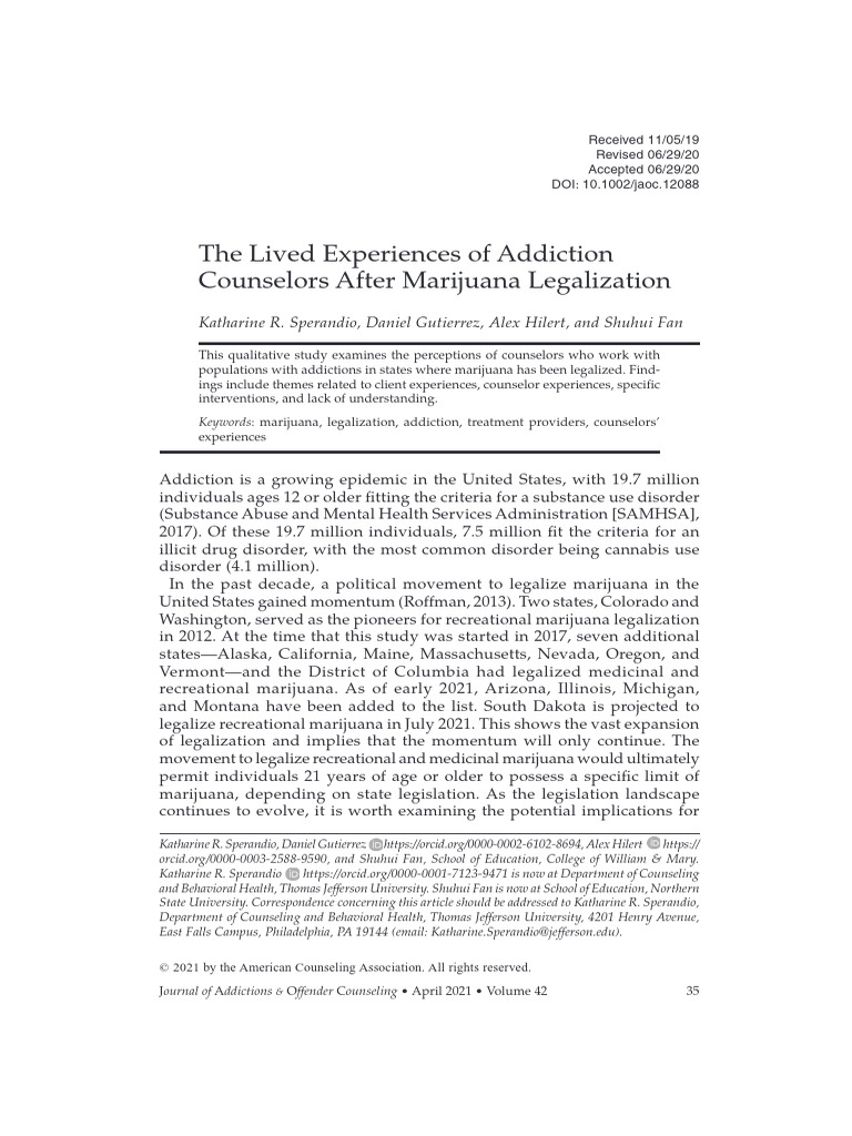 JA&OC - 2021 - The Lived Experiences of Addiction Counselors After Marijuana Legalization | PDF ...