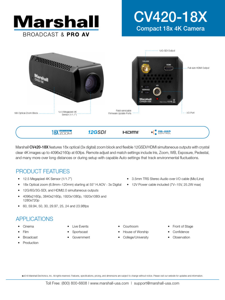 Compact 18x 4K Camera CV420-18X | PDF | Film And Video Technology | Imaging