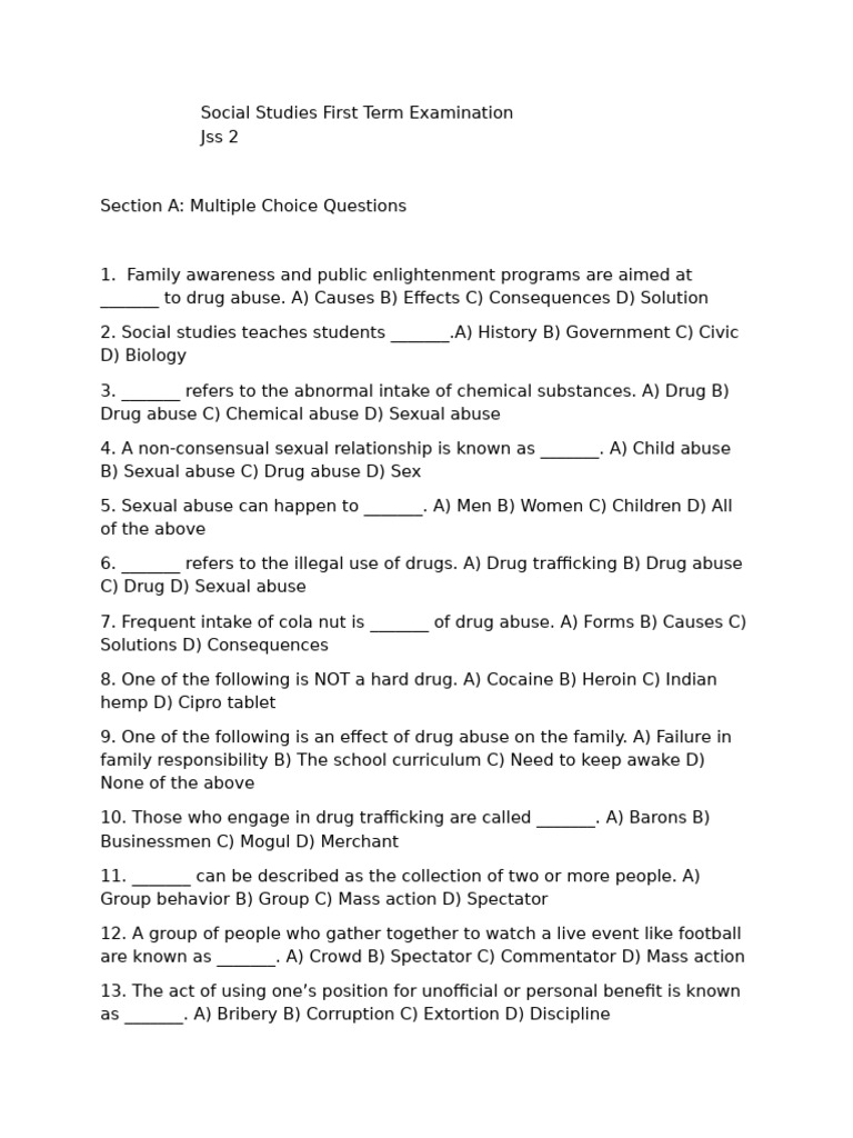 Jss2 Social Studies First Term Exam | PDF | Substance Abuse | Bribery