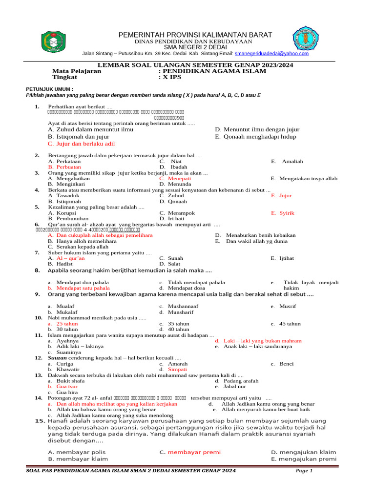 Soal Pas Pai Kls X 2024 | PDF