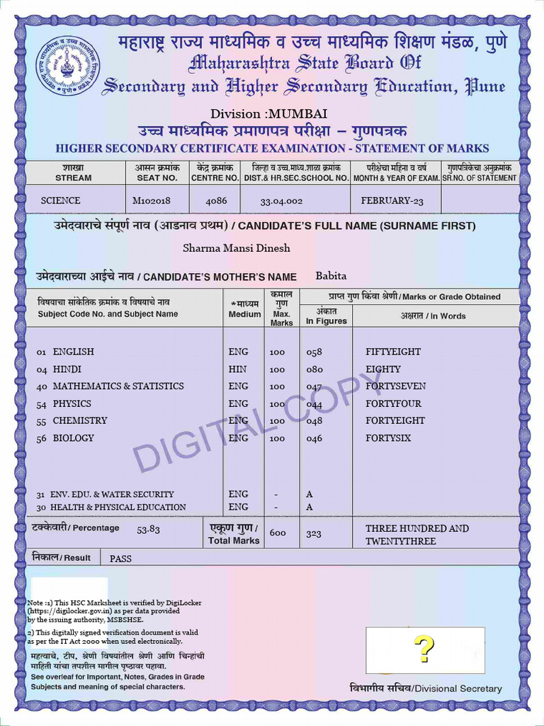 Class XII Marksheet | PDF