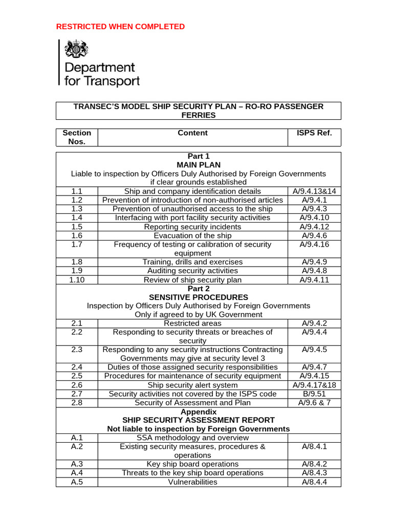 Roro Model Ship Security Plan Template | PDF | Shipping | Water Transport