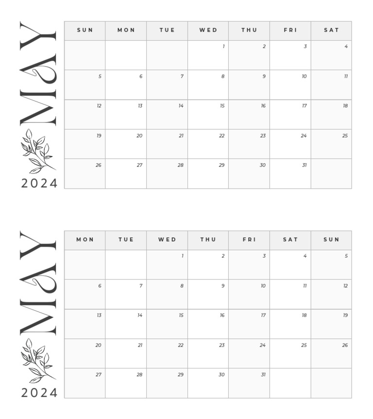 White Grey Minimalist Simple May 2024 Monthly Calendar | PDF