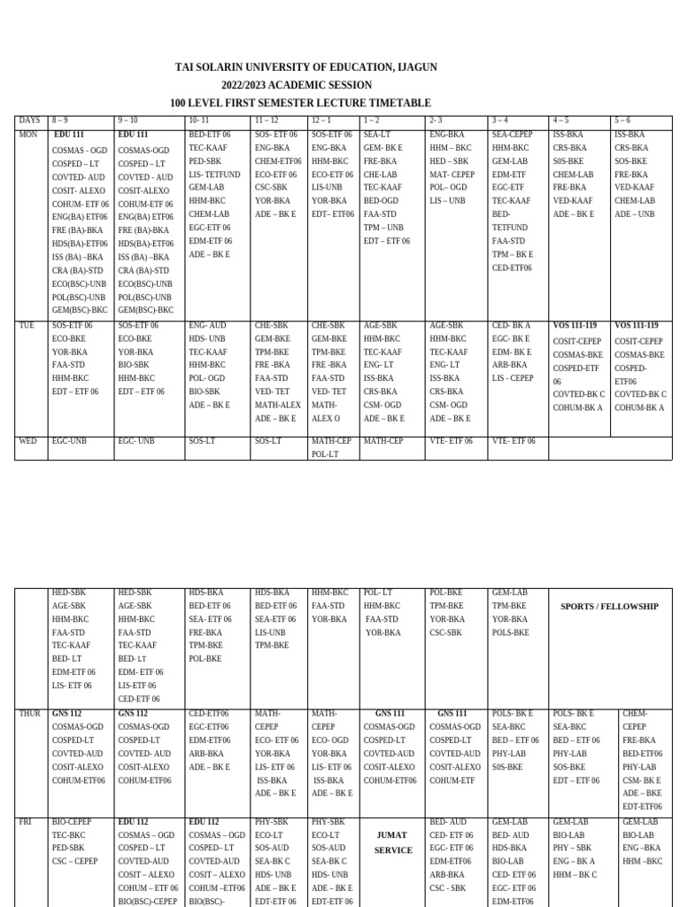 2022 2023 First Semester Lecture Timetable | PDF | Science & Mathematics | Computers