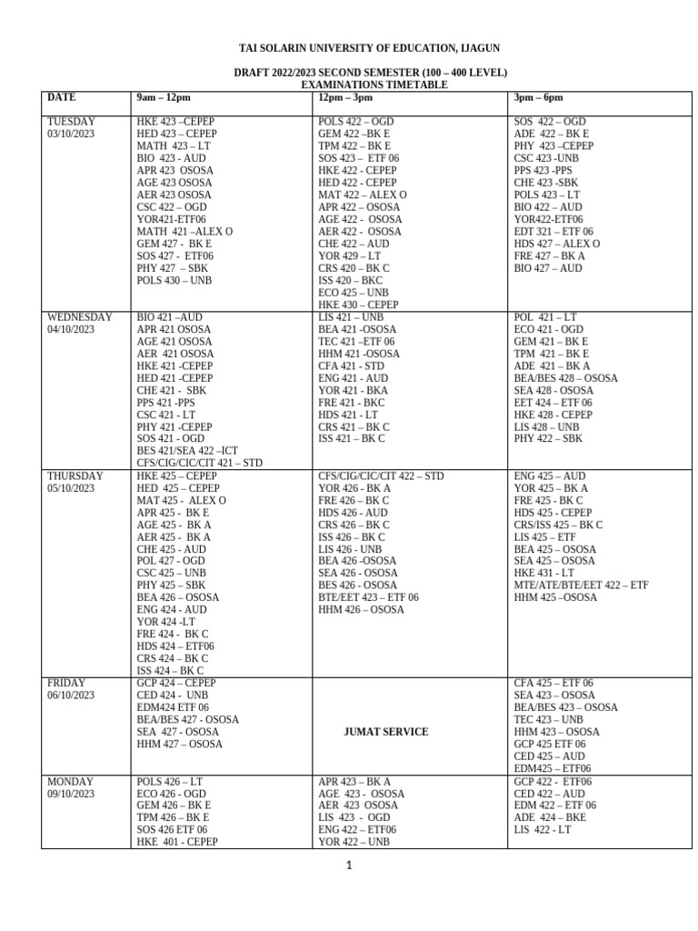 2022-2023 Second Semester Exam Timetable 100-400-2 | PDF