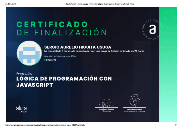 Sergio Aurelio Higuita Usuga - Formación Lógica de Programación Con JavaScript 2 - Alura | PDF