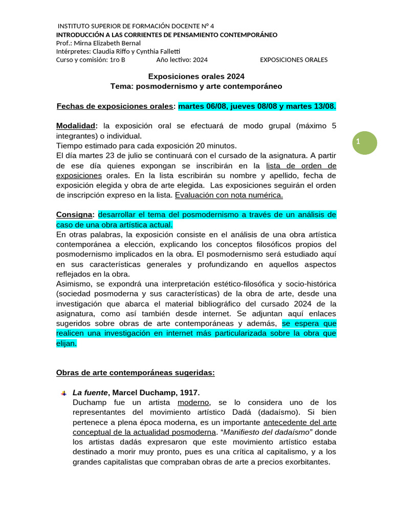 Consigna para Exposicion Oral ICPC 2024 1 | PDF | Movimientos | Movimientos de arte