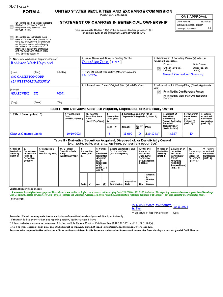 Form 4: United States Securities and Exchange Commission Statement of ...
