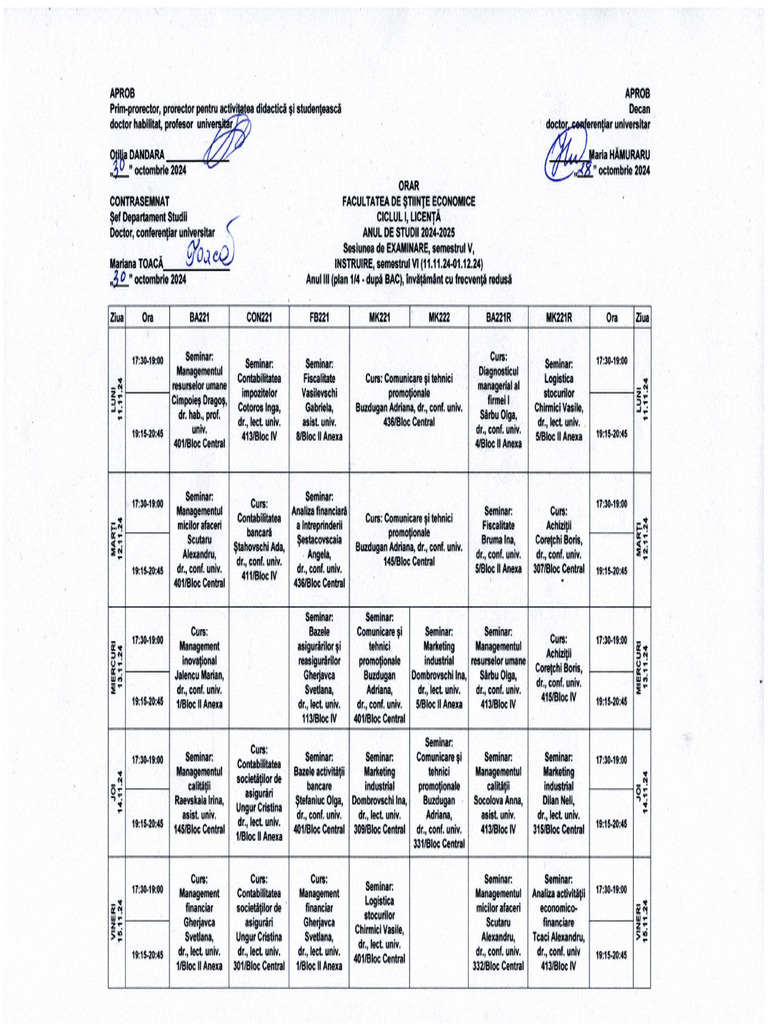 Fse FR Orar Anul III Sem.v Examinare Sem - VI Instruire | PDF