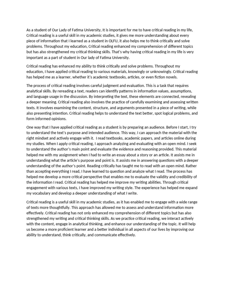 Critical Reading As A Student | PDF | Critical Thinking | Reading ...