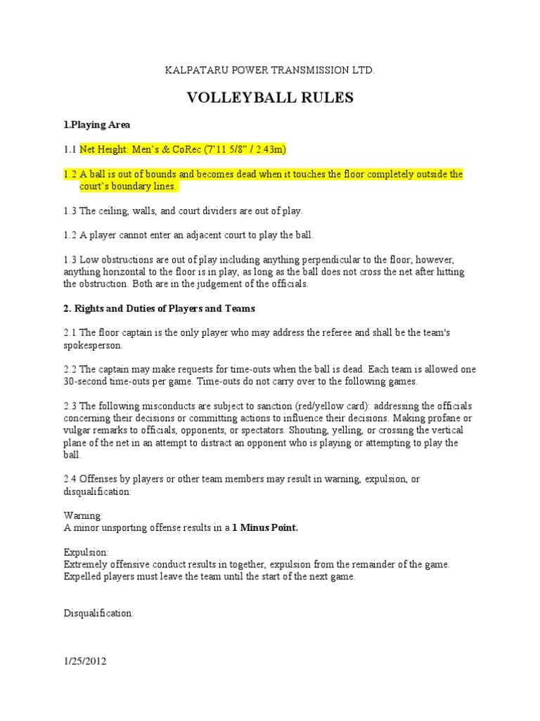 Volleyball Rules: 1.playing Area | PDF | Referee | Volleyball
