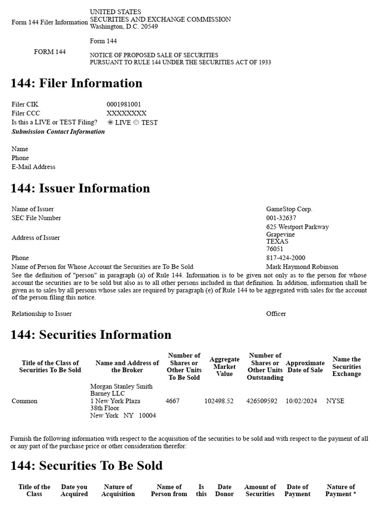 144: Filer Information | PDF | Securities (Finance) | Stocks