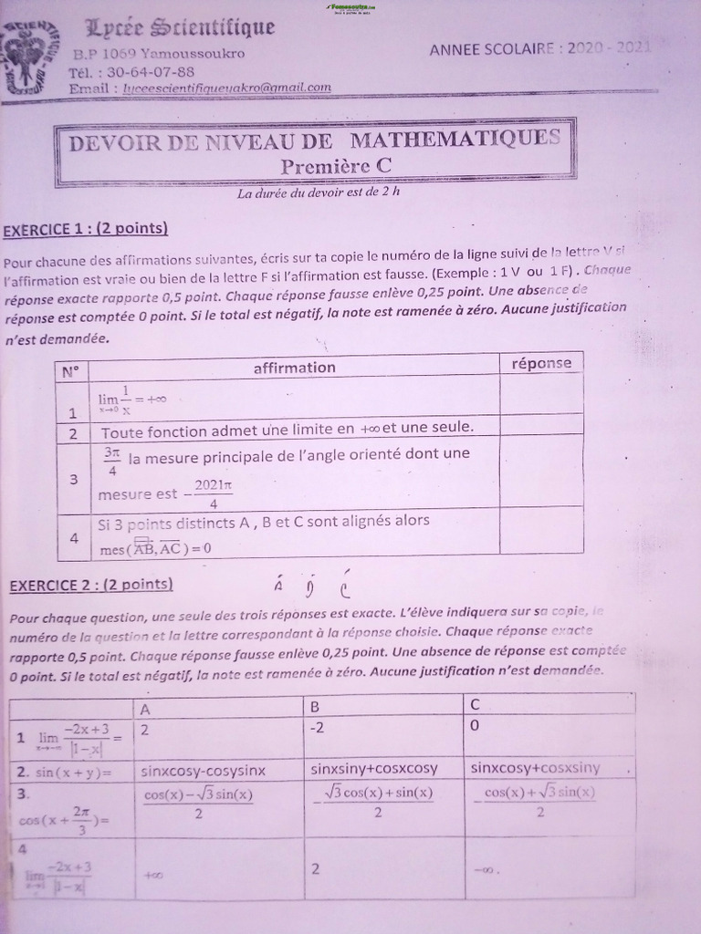 Devoir (2) Maths 1ere C | PDF