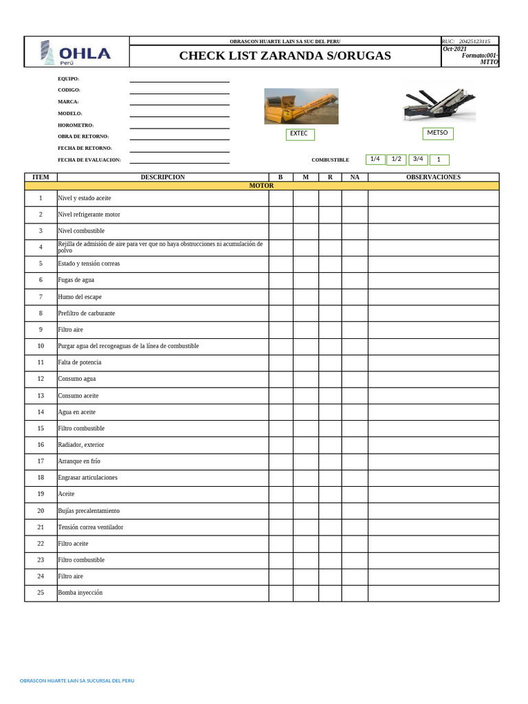 Formato EQ-029 Check List Zaranda Sorugas | PDF | Ingeniería mecánica ...