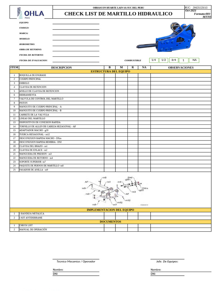 Formato EQ-007 Check List Martillo Hidraulico | PDF