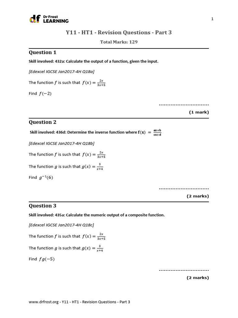 Y11 - HT1 - Revision Questions - Part 3 | PDF | Function (Mathematics) | Line (Geometry)
