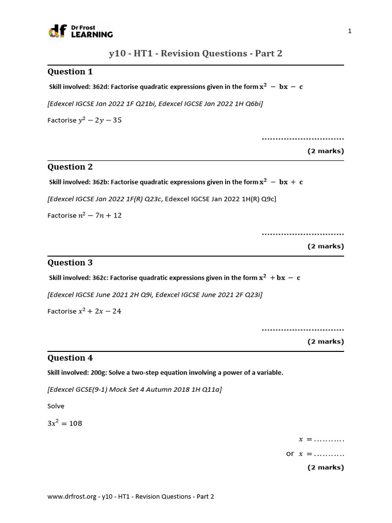 Y10 - HT1 - Revision Questions - Part 2 | PDF | Mathematics | Algebra