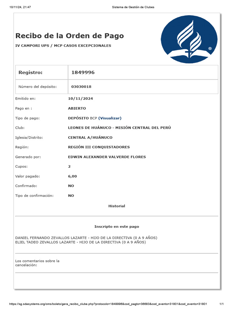Recibo de Pago de 02 Inscripcion Al Campori UPS Al 10.11.24 - Eliel y Daniel Zevallos | PDF