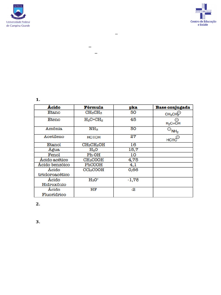 Lista - Ã - Cidos e Bases em Quã - Mica Orgã Nica | PDF