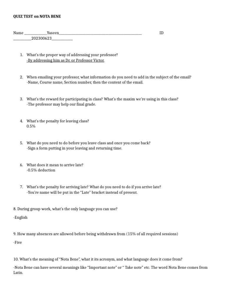 QUIZ TEST On NOTA BENE Answered | PDF