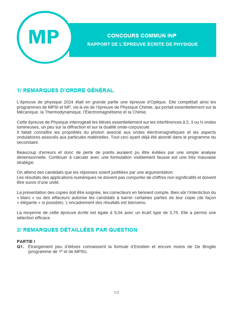 MP Ecrit Physique 2024 | PDF | Physique | Physique théorique