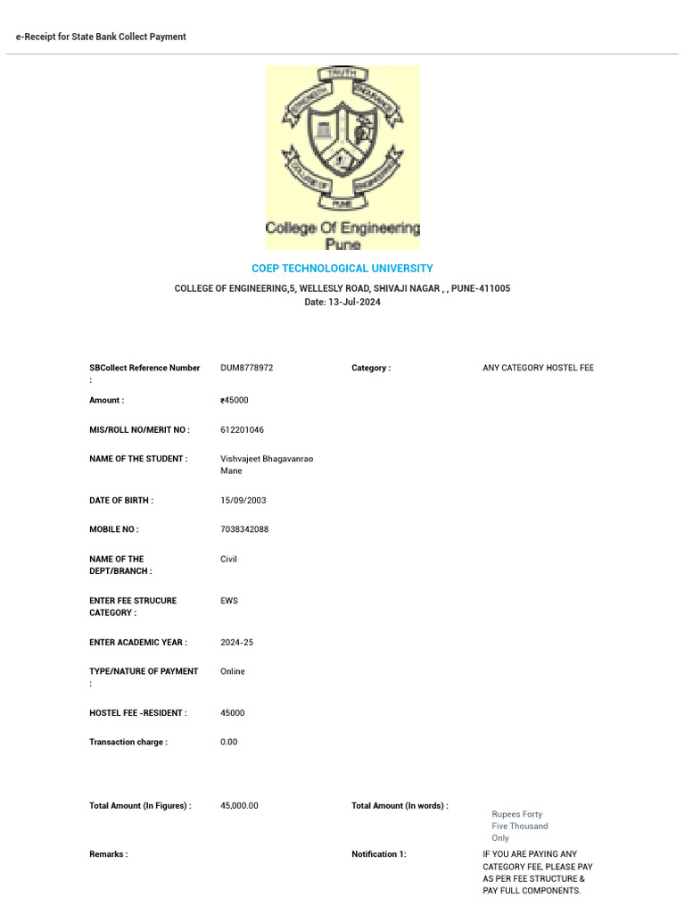 SB Collect Hostel Fee Receipt | PDF