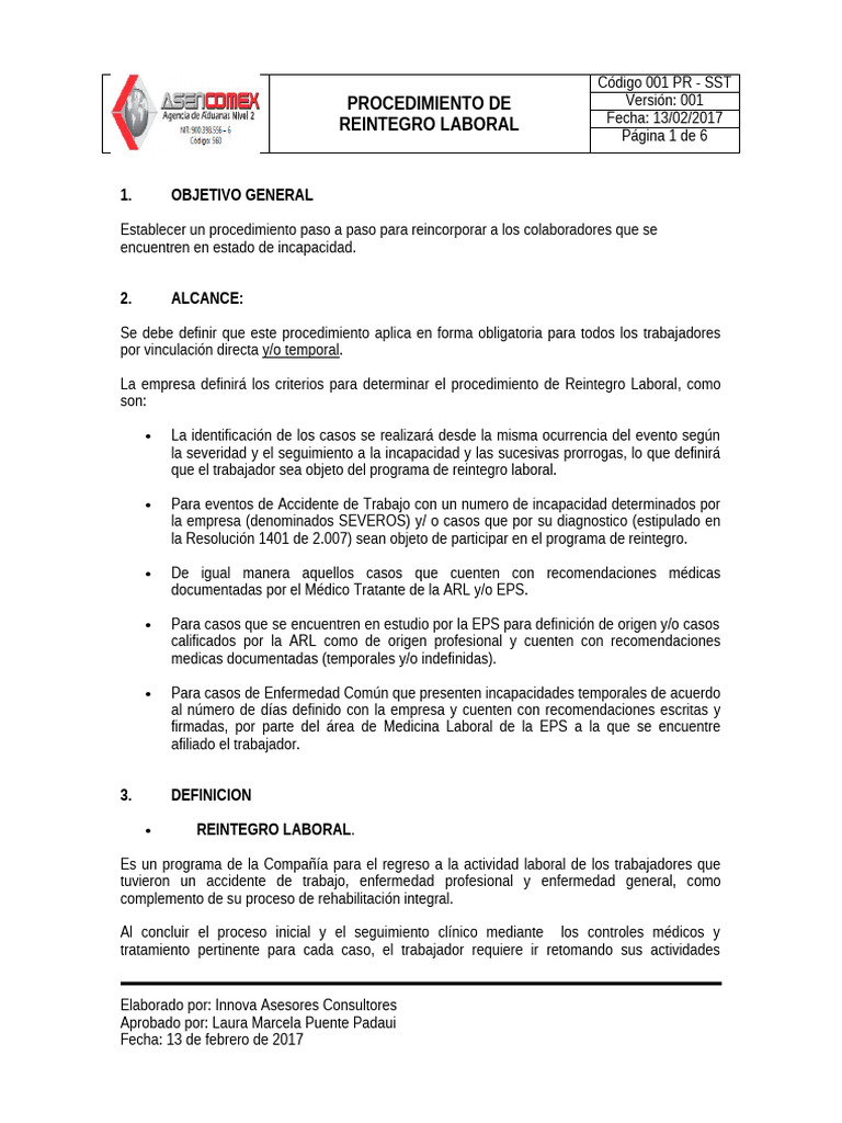 022 PR - SST Procedimiento para El Reintegro Laboral A La Empresa V000 | PDF | Terapia
