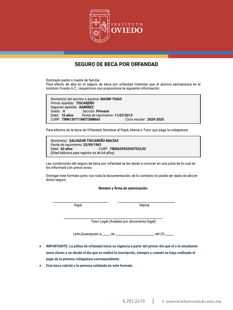 Formato Orfandad - NAOMI THAIS - TISCAREÑO - RAMÍREZ - 6 - Primaria | PDF