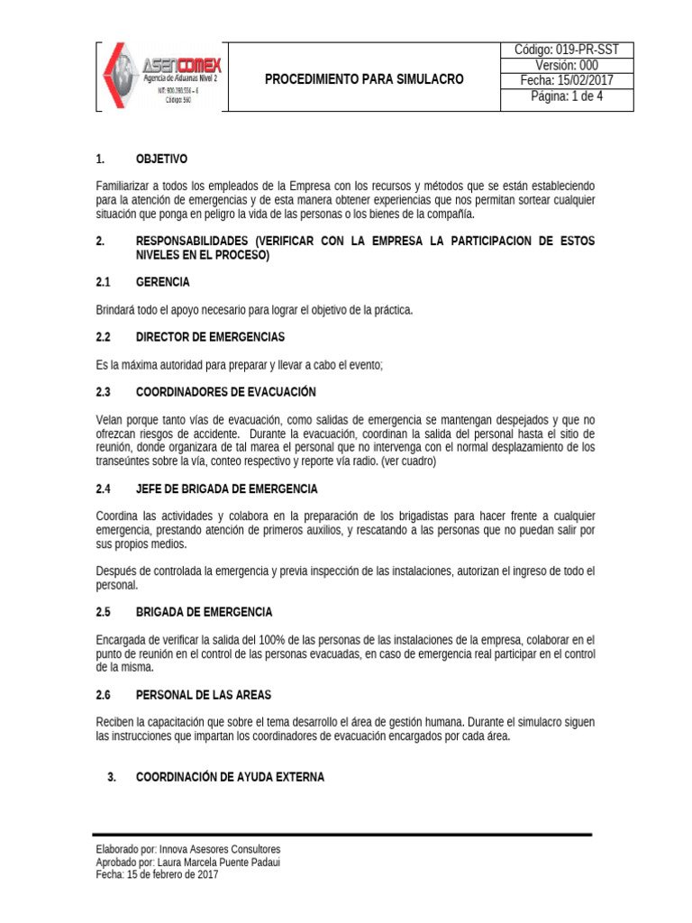 019 PR - SST Procedimiento para Simulacro V000 | PDF | Negocios | Informática