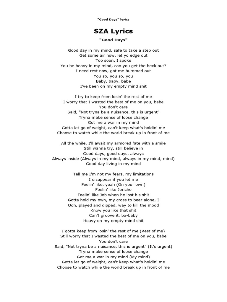 SZA - Good Days Lyrics | PDF